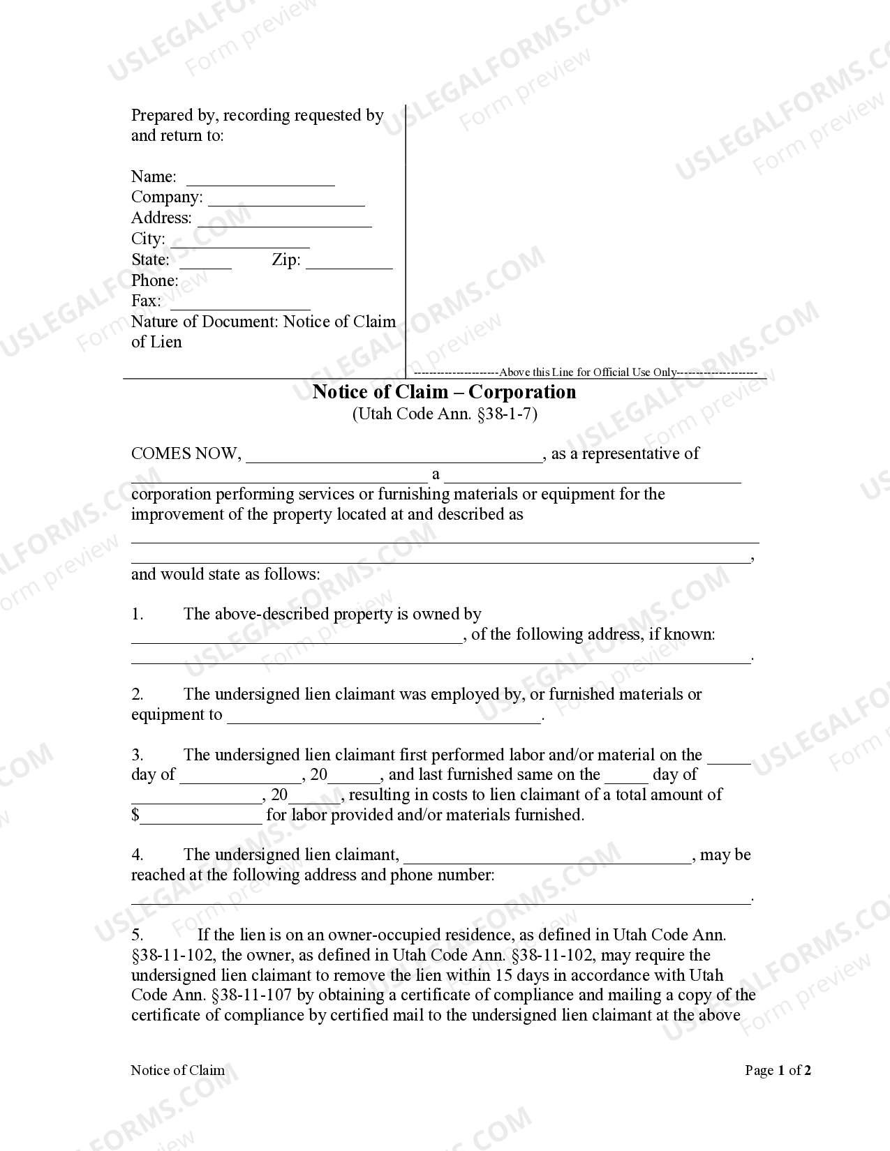 Utah Notice of Claim by Corporation | US Legal Forms