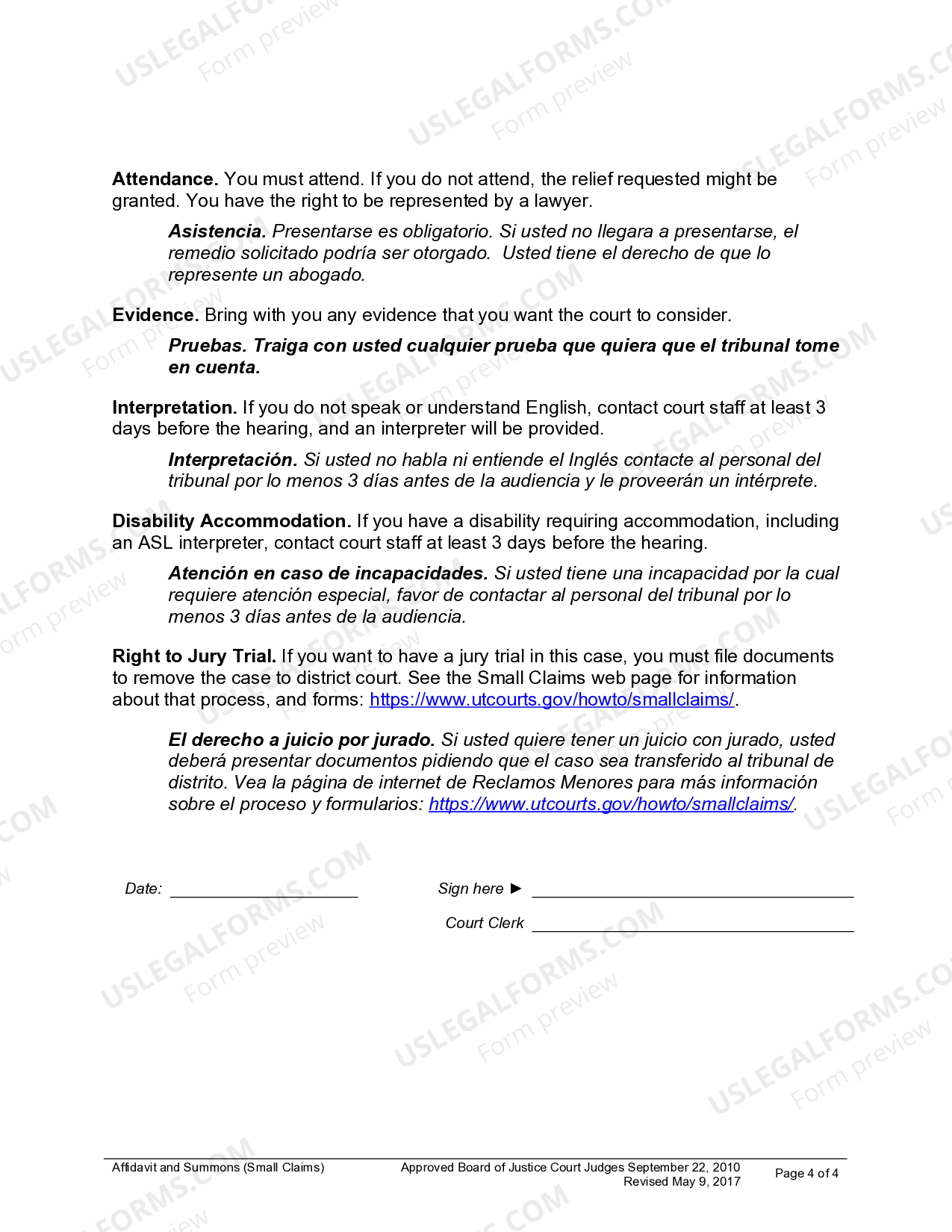 Utah Small Claims Affidavit and Order | US Legal Forms