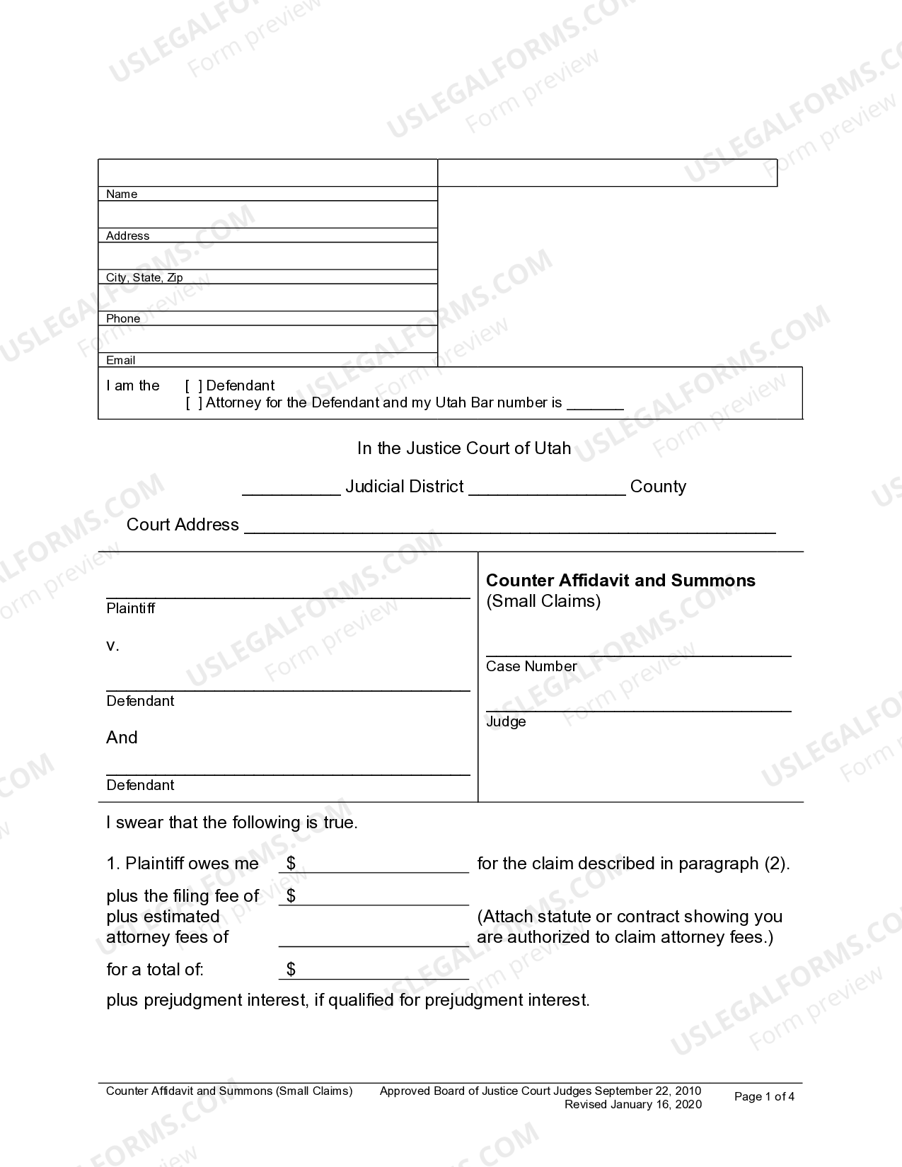 Utah Counter Affidavit | US Legal Forms