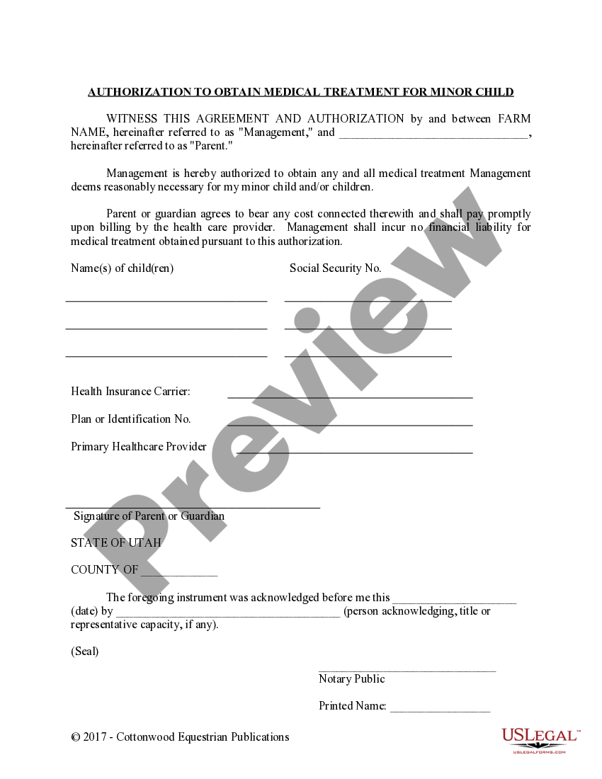 West Valley City Utah Authorization To Obtain Medical Treatment For Minor Child Horse Equine west-valley-city-utah-authorization-to-obtain-medical-treatment-for-minor-child-horse-equine