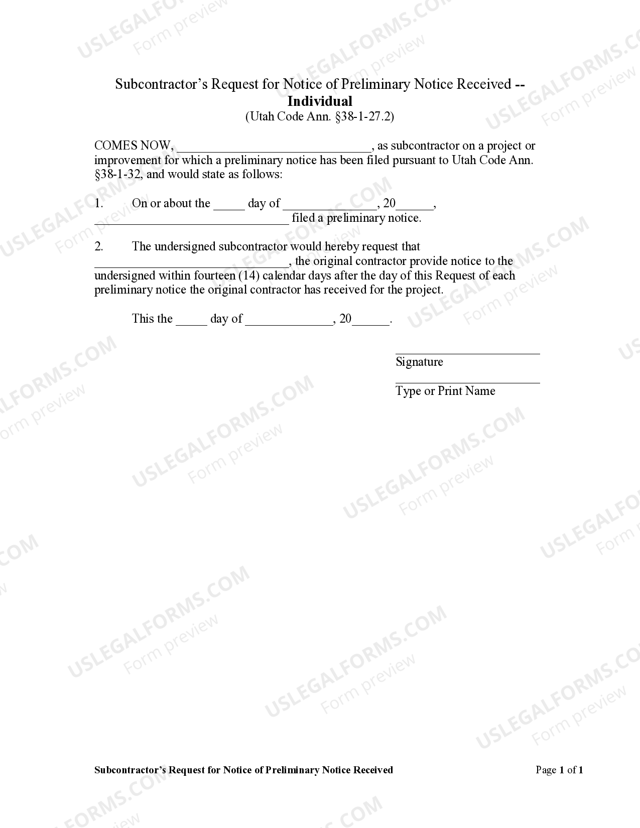 Utah Subcontractor's Request for Notice of Preliminary Notice Received ...