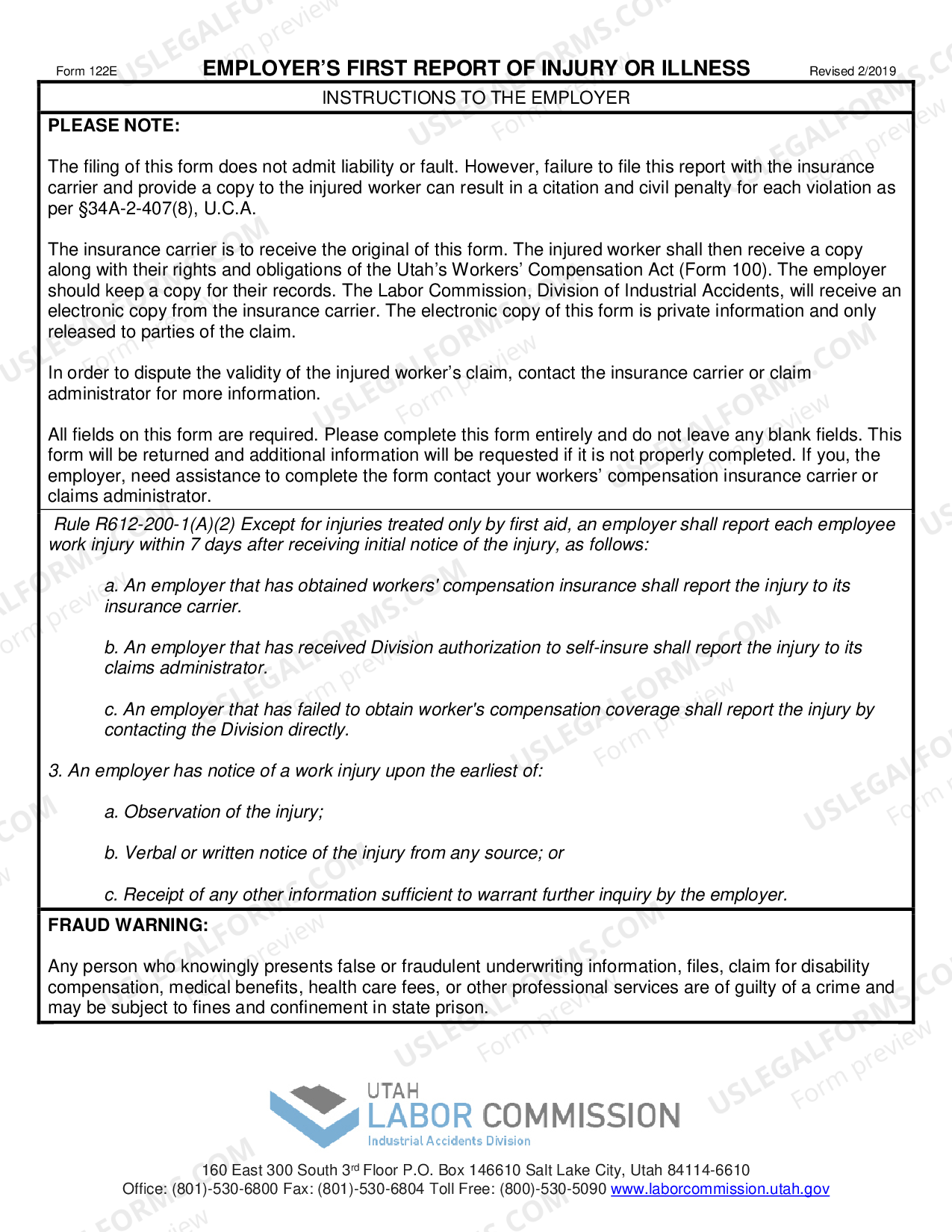 Utah Workers Compensation Employers First Report of Injury or Illness ...