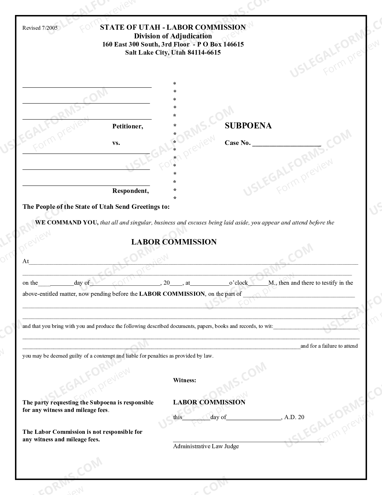 Utah Workers Compensation Subpoena - Utah Workers Compensation Forms ...