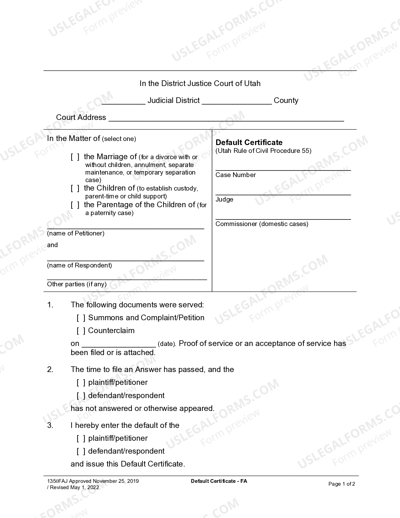 Utah Default Certificate | US Legal Forms