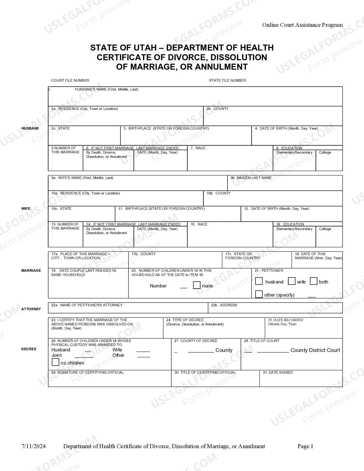 Utah Certificate of Divorce, Dissolution or Annulment | US Legal Forms
