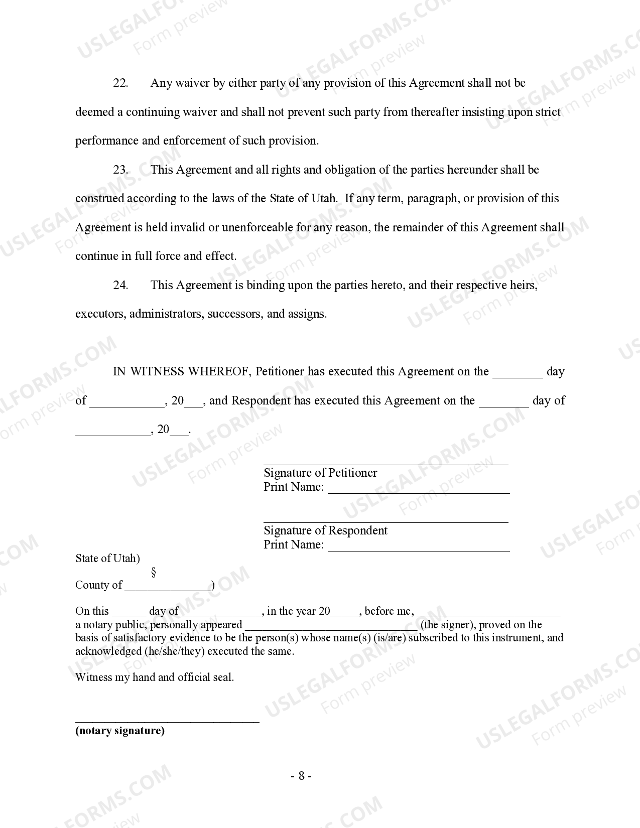Utah Marital Domestic Separation and Property Settlement Agreement no ...