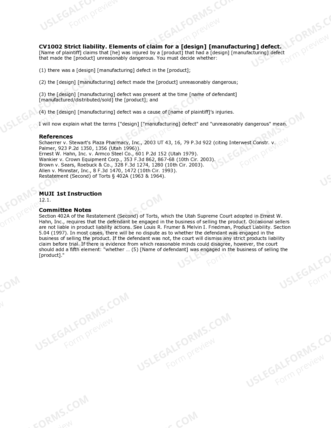 Utah Strict liability. Elements of claim for a [design] [manufacturing ...