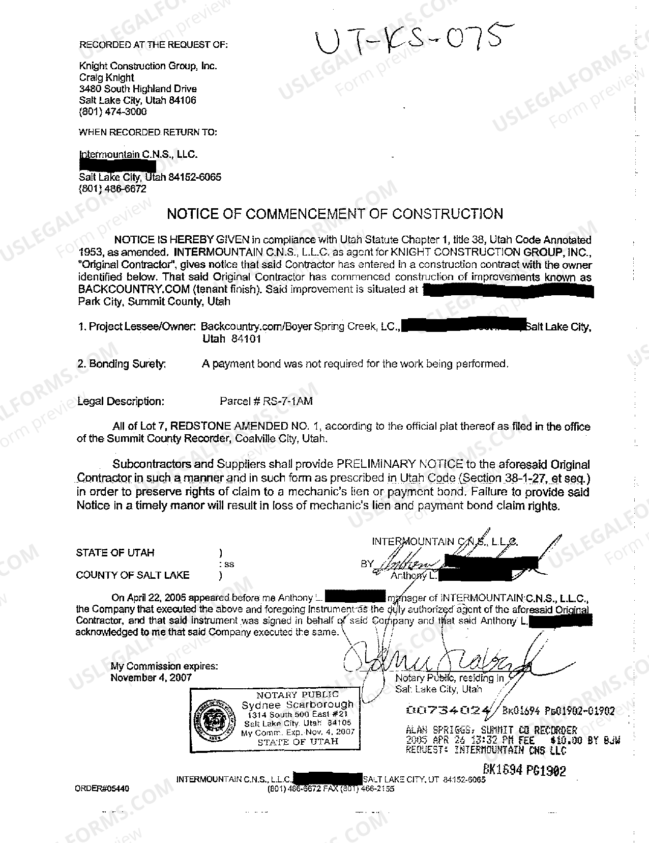 Utah Notice of Commencement of Construction - Utah Preliminary Notice ...