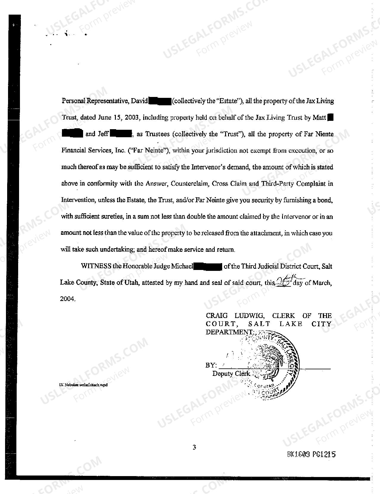 Utah Writ of Attachment - Trustech Utah | US Legal Forms