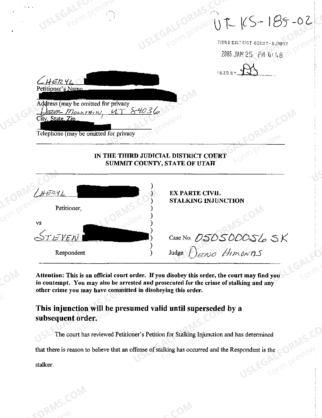 Utah Ex Parte Civil Stalking Injunction - Civil Stalking Injunction ...