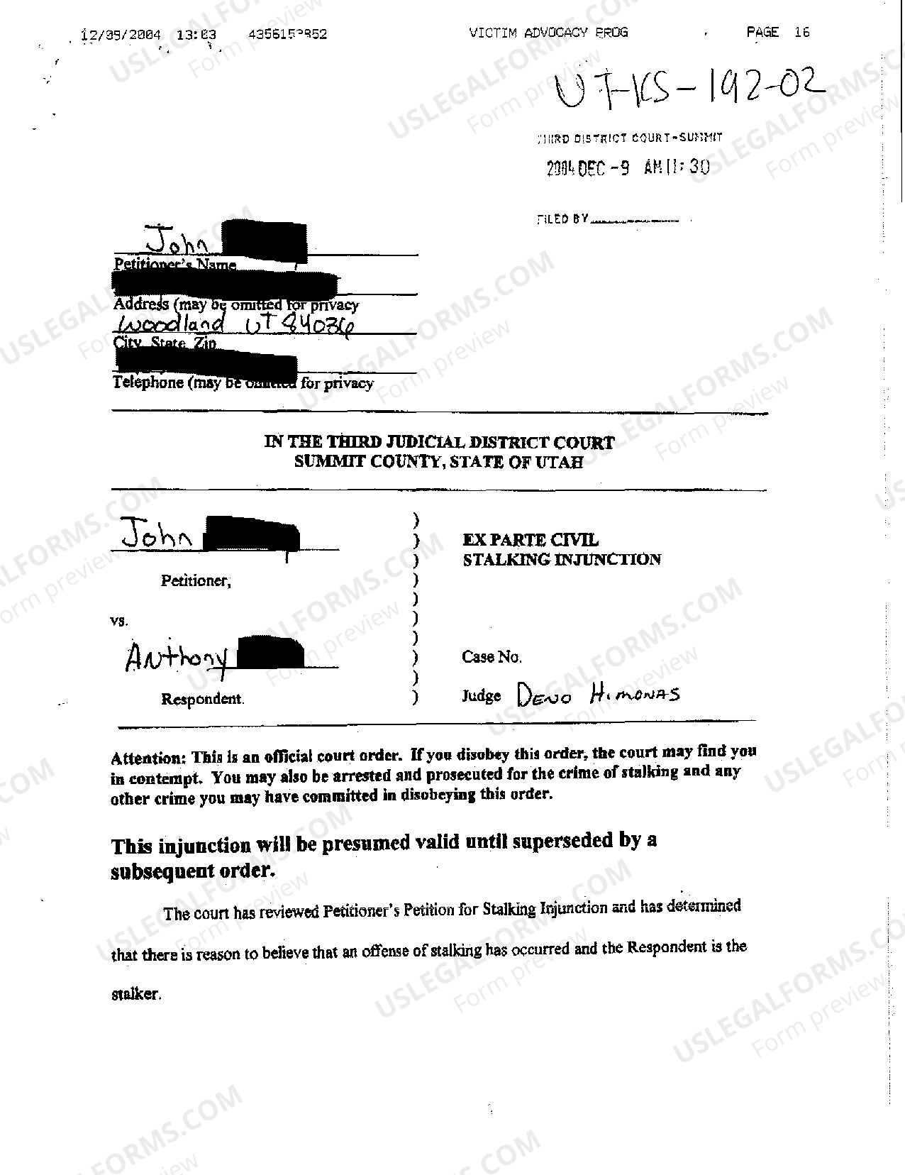 West Valley City Utah Ex Parte Civil Stalking Injunction - Utah Civil ...