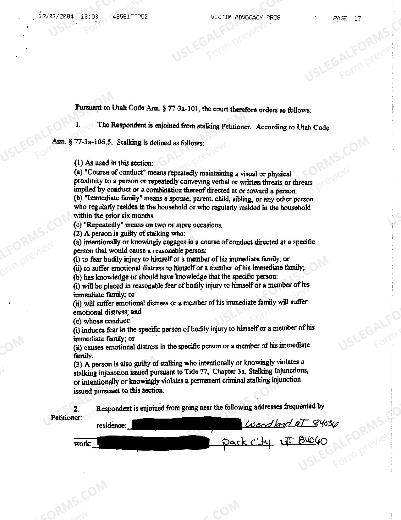 West Valley City Utah Ex Parte Civil Stalking Injunction - Utah Civil ...