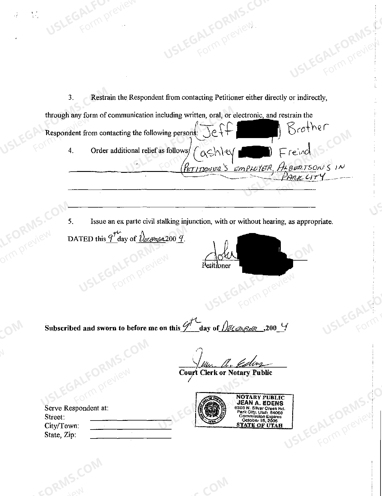 West Jordan Utah Petition for Civil Stalking Injunction | US Legal Forms