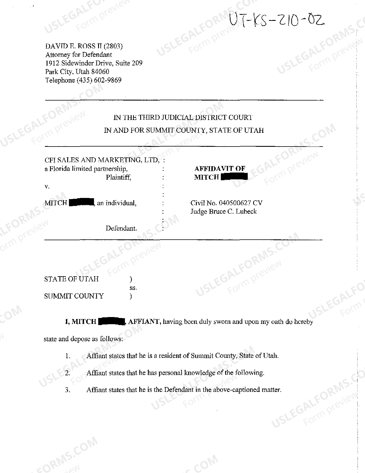 Utah Affidavit | US Legal Forms
