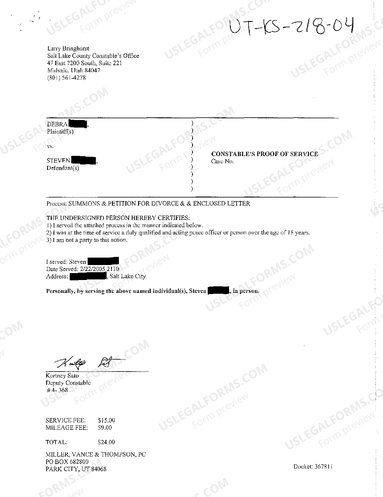 Utah Constable's Proof of Service | US Legal Forms