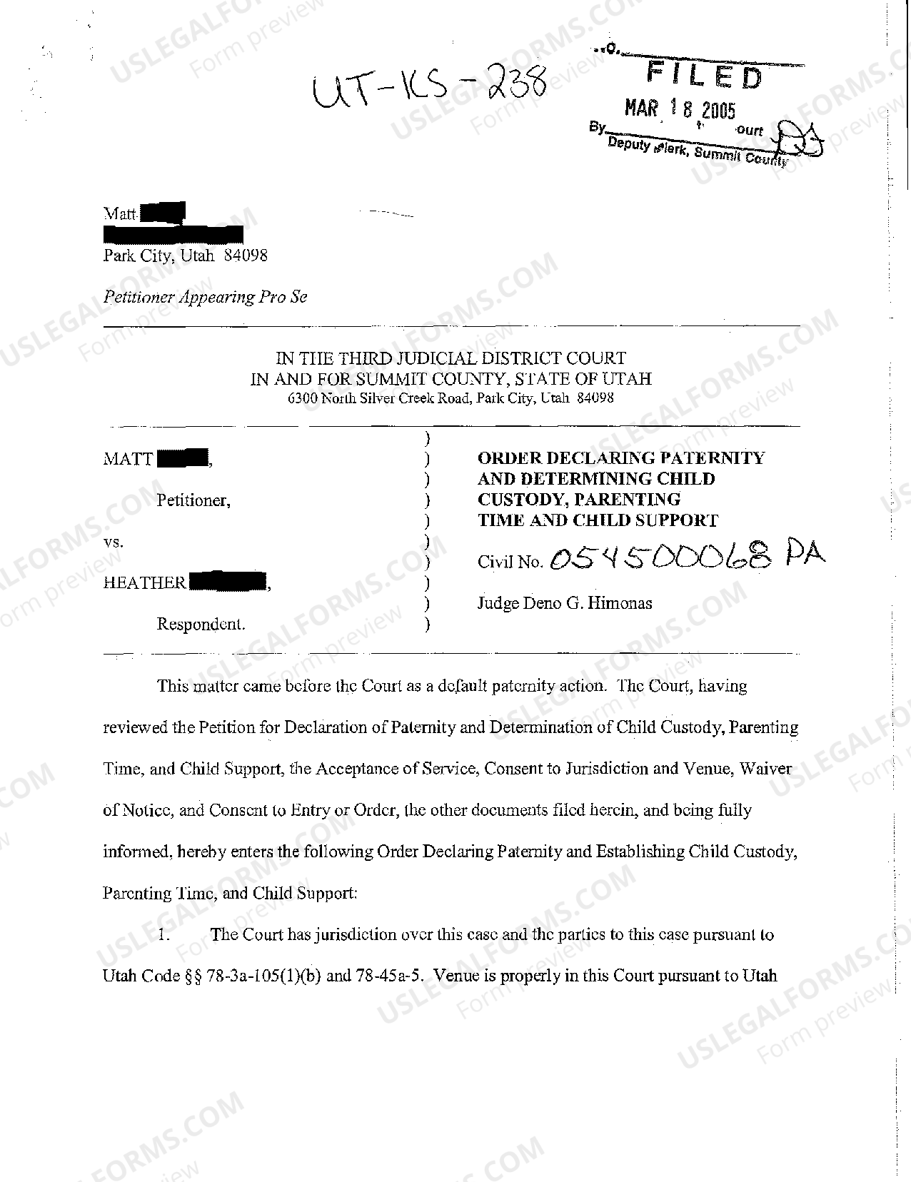 Utah Order Declaring Paternity and Determining Child Custody, Parenting ...