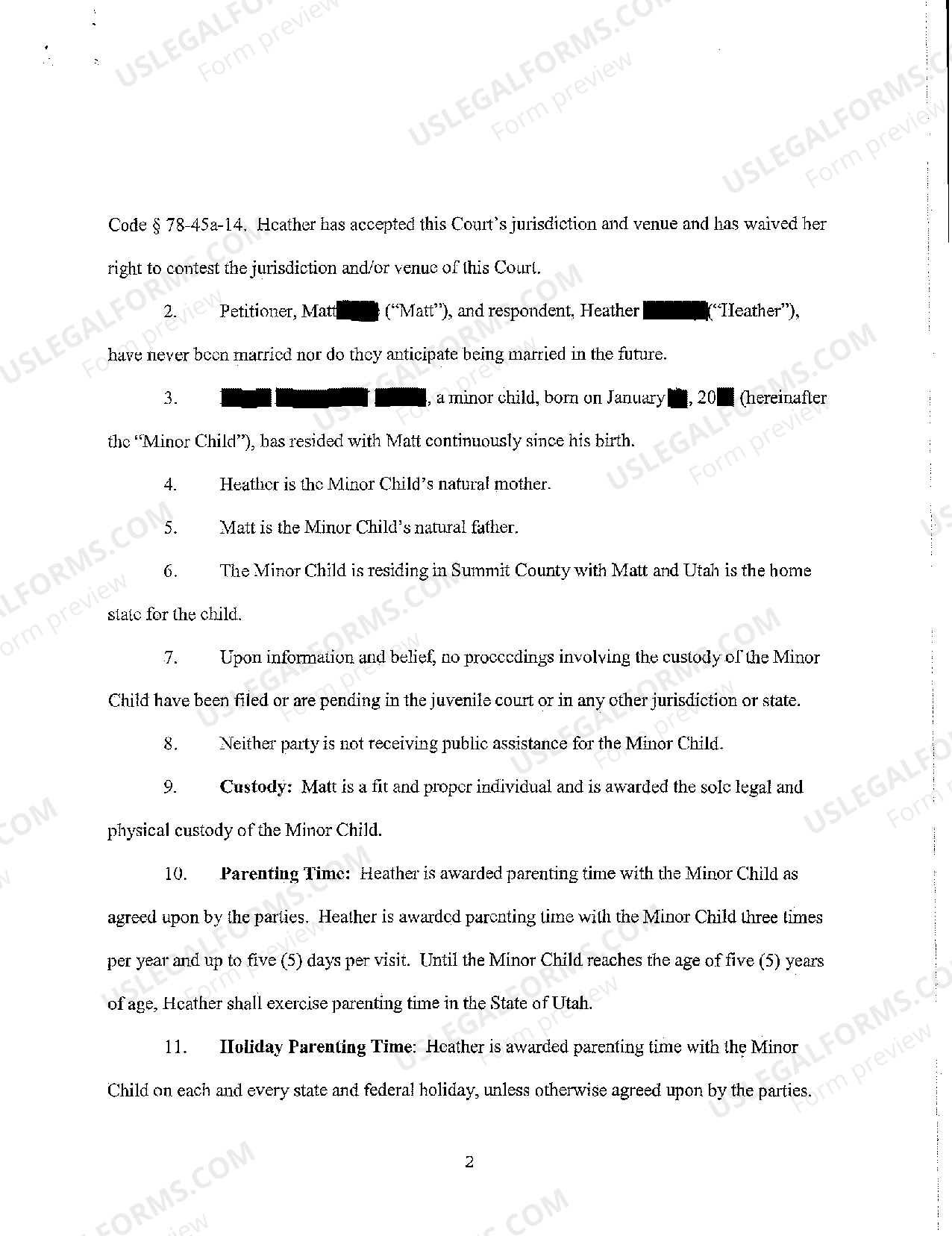 Utah Order Declaring Paternity and Determining Child Custody, Parenting ...