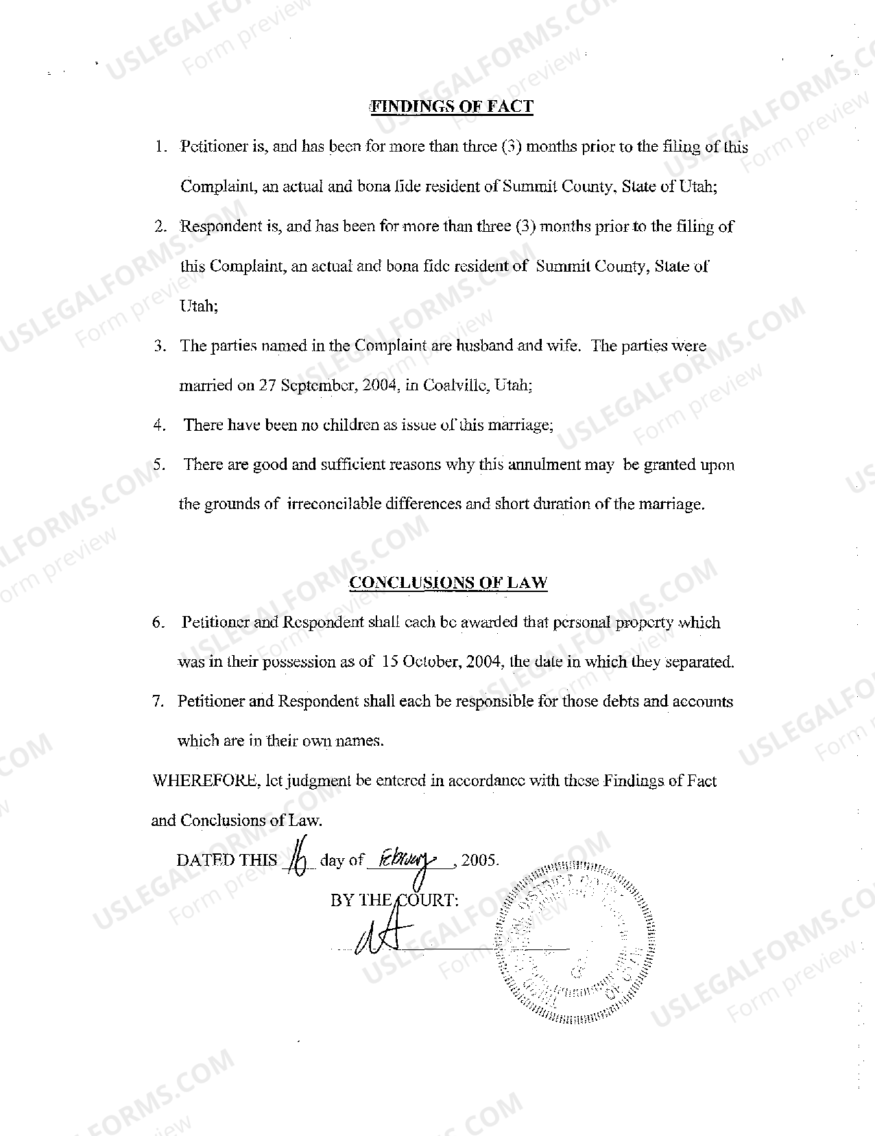 Utah Findings of Fact and Conclusions of Law | US Legal Forms