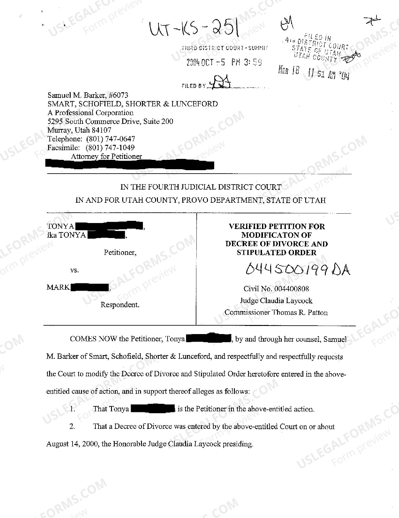 Utah Verified Petition for Modification or Amendment of Decree of ...