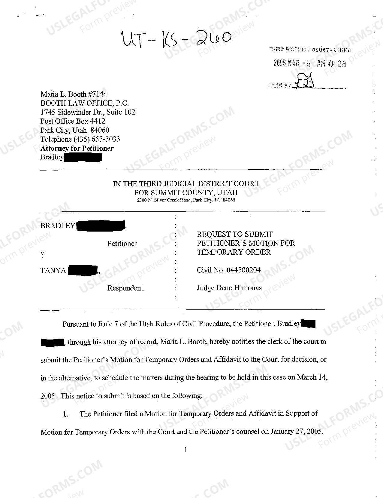 Utah Request to Submit Petitioner's Motion for Temporary Order | US ...