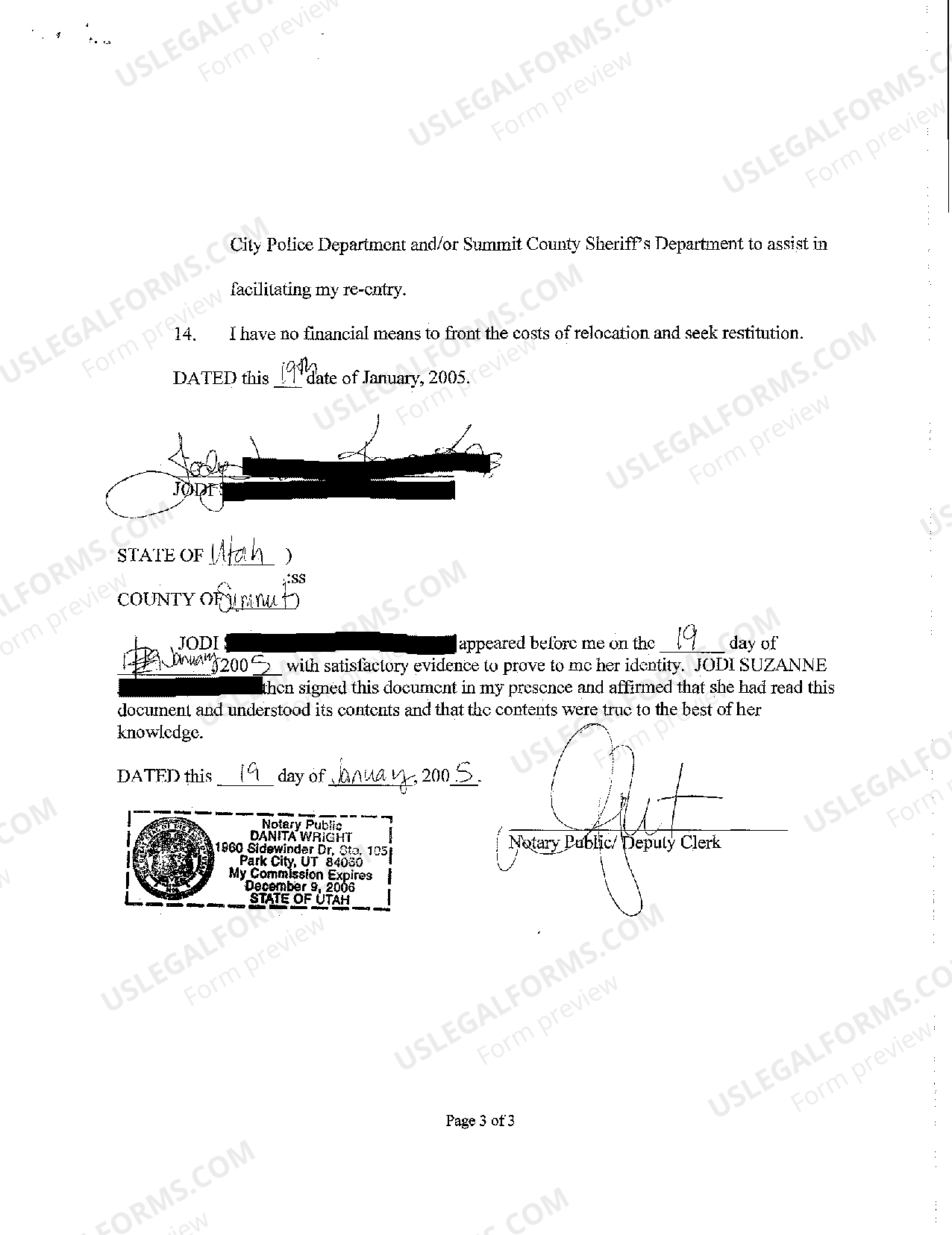 Utah Affidavit in Support of Ex Parte Motion for Order of Reentry and ...