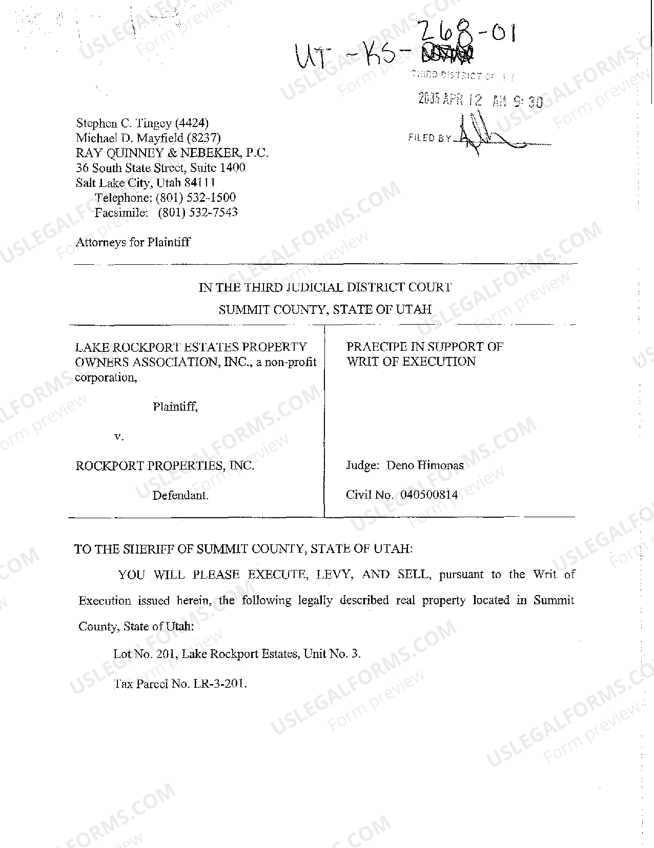 Utah Praecipe in Support of Writ of Execution - Praecipe For Writ Of ...