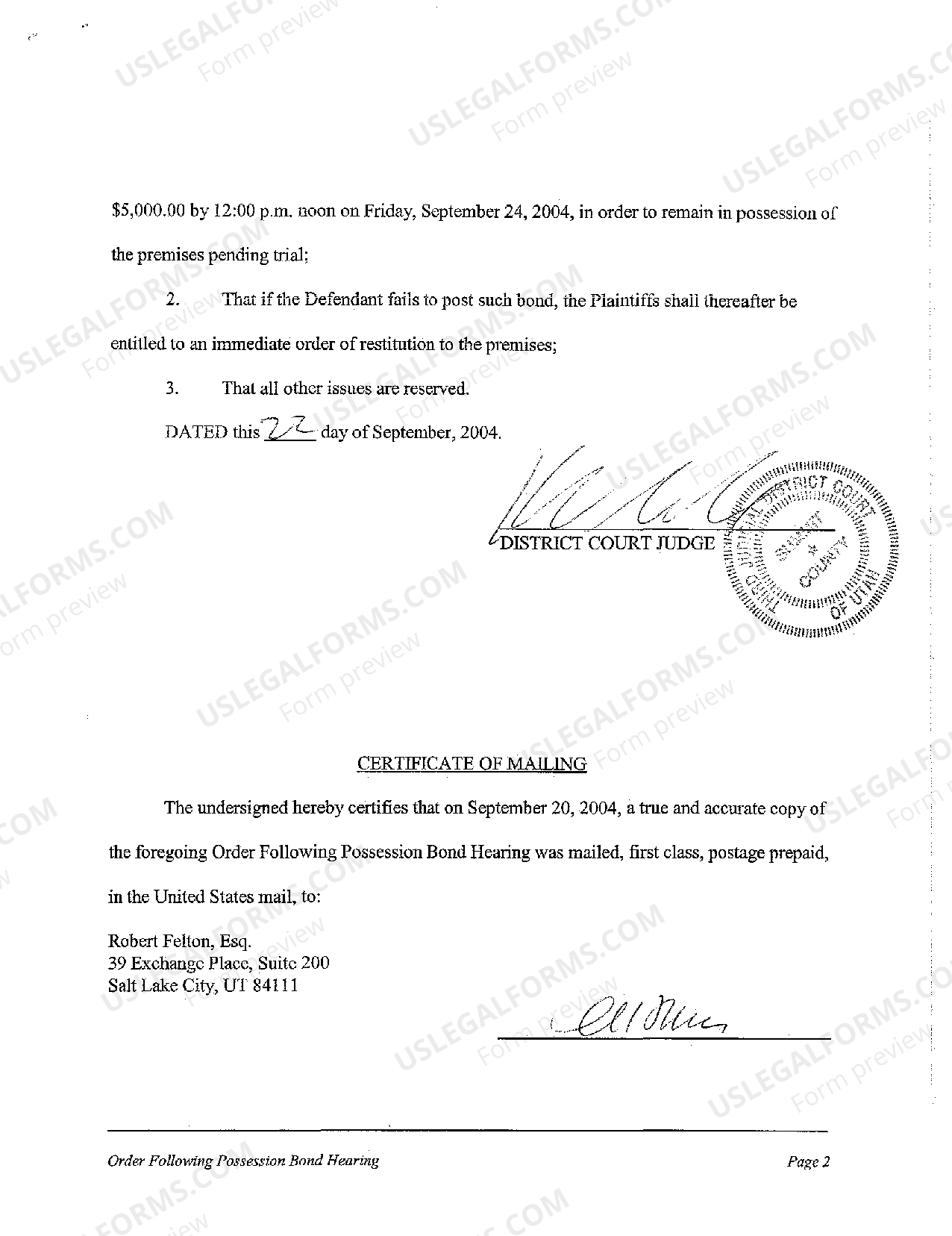Utah Order Following Possession Bond Hearing | US Legal Forms