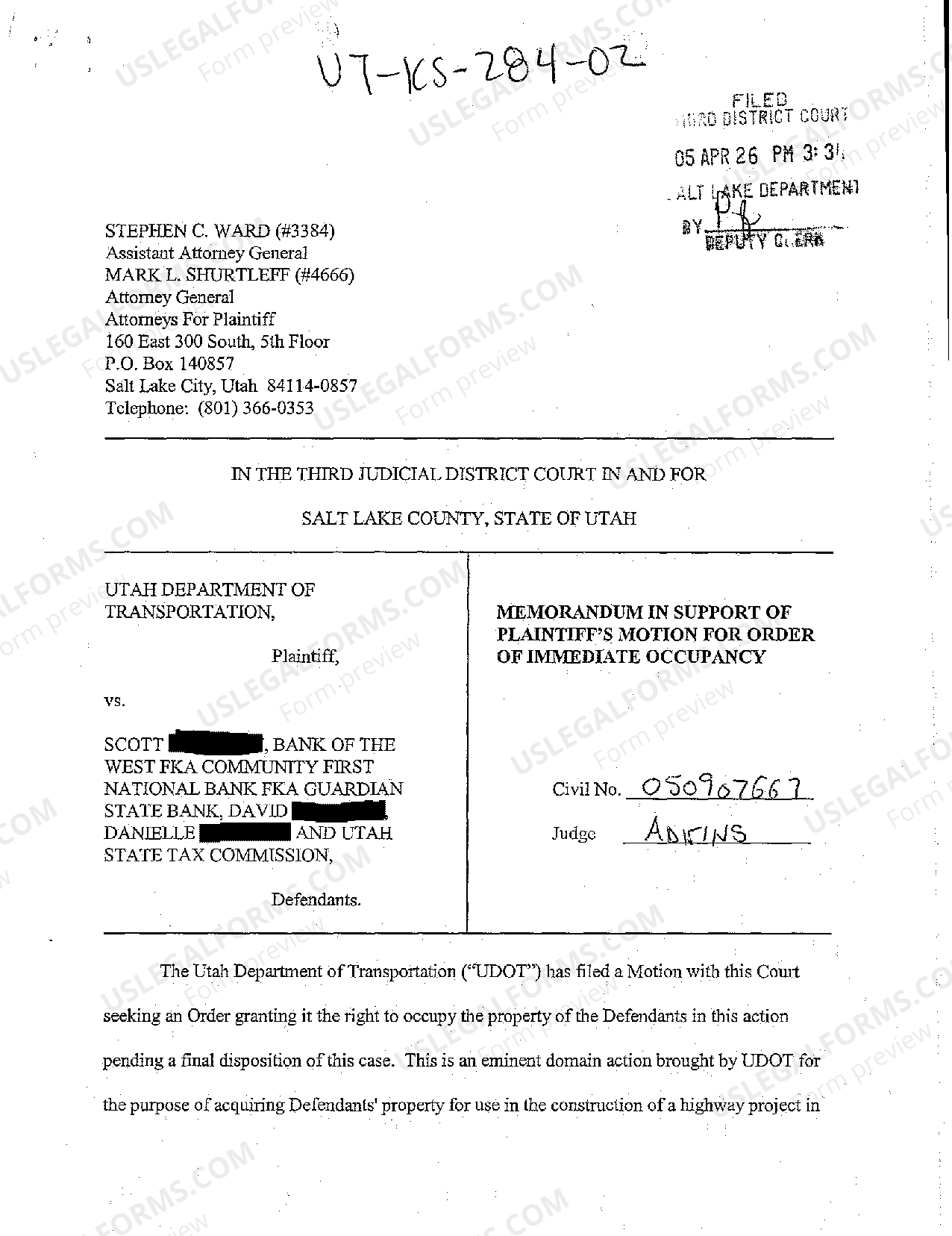 Utah Memorandum In Support of Plaintiff's Motion For Order of Immediate Occupancy | US Legal Forms