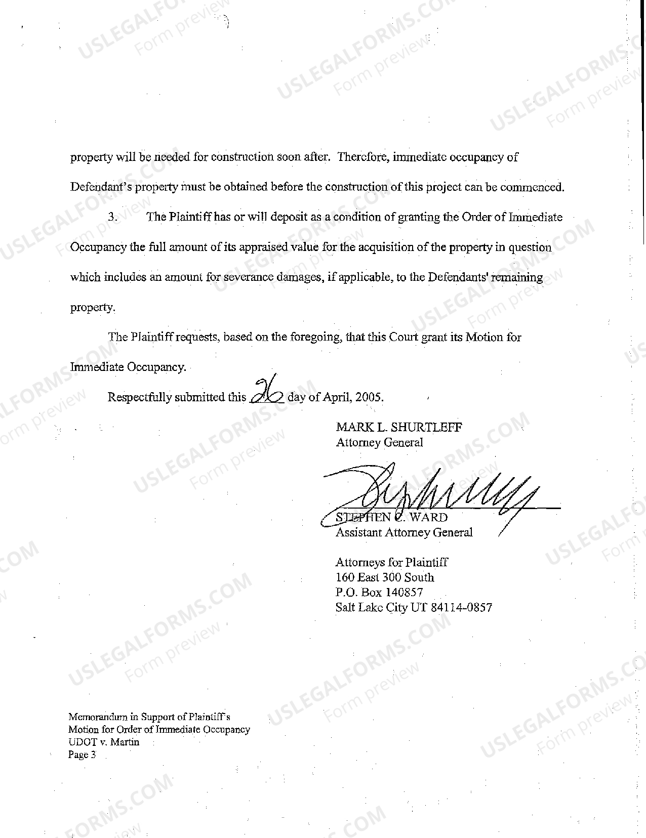 Utah Memorandum In Support of Plaintiff's Motion For Order of Immediate ...
