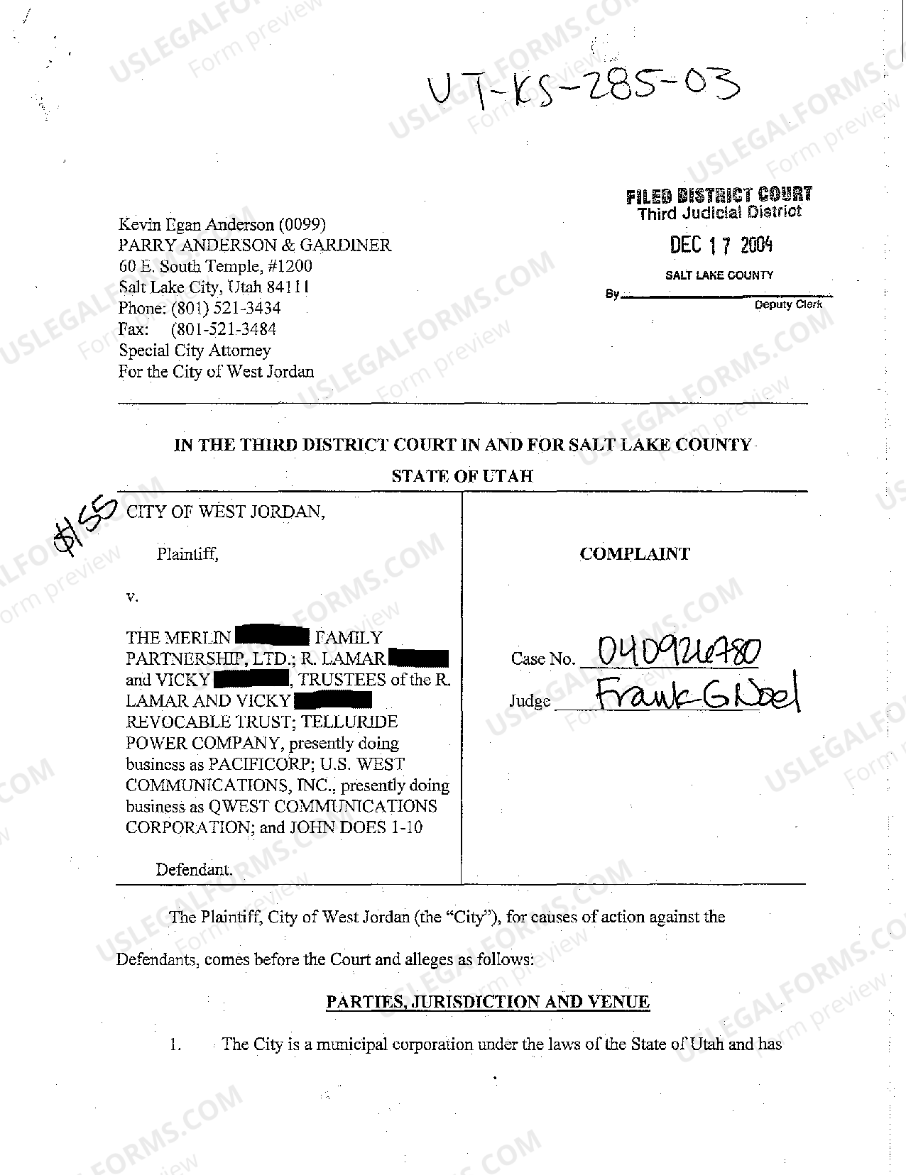Utah Complaint for Eminent Domain | US Legal Forms