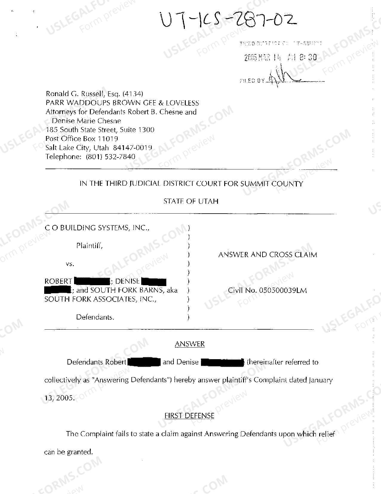 Utah Answer and Cross Claim | US Legal Forms