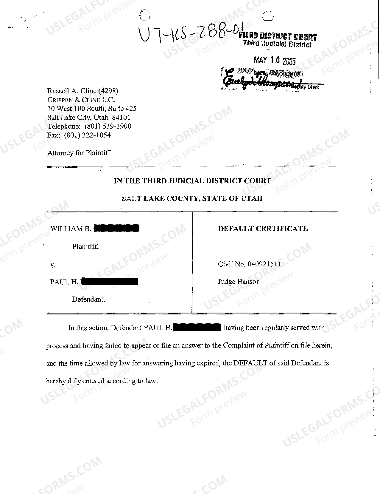 Utah Default Certificate | US Legal Forms