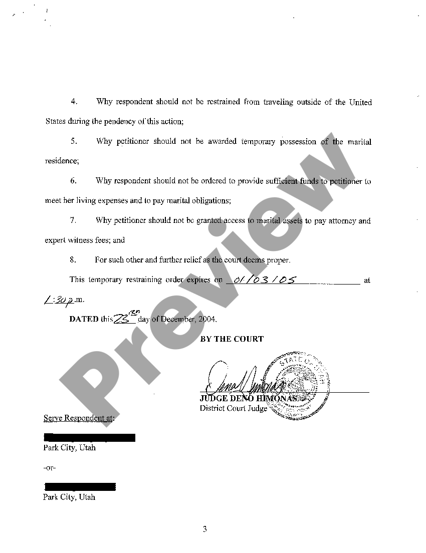 West Valley Utah Ex Parte Temporary Restraining Order And Order To 