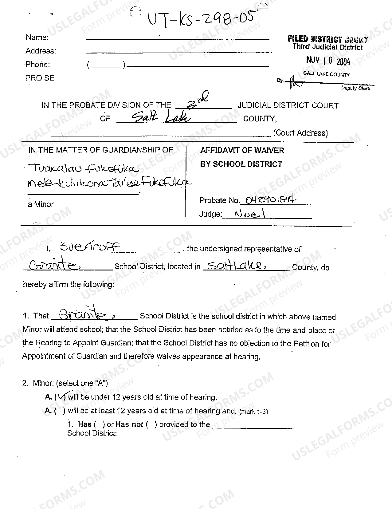 Utah Affidavit of Waiver By School District | US Legal Forms