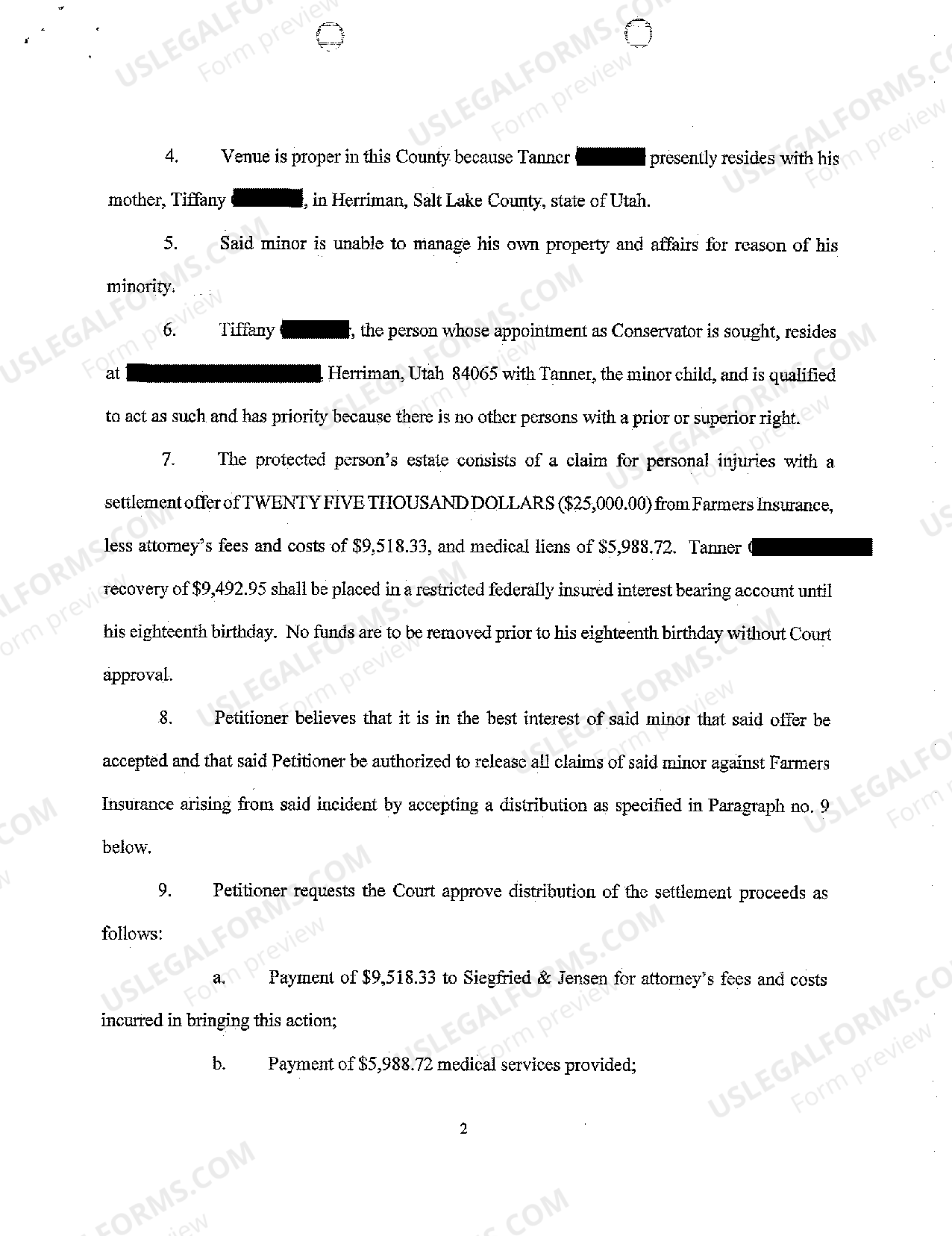 Utah Petition To Appoint Conservator and Authority To Settle Minor's ...