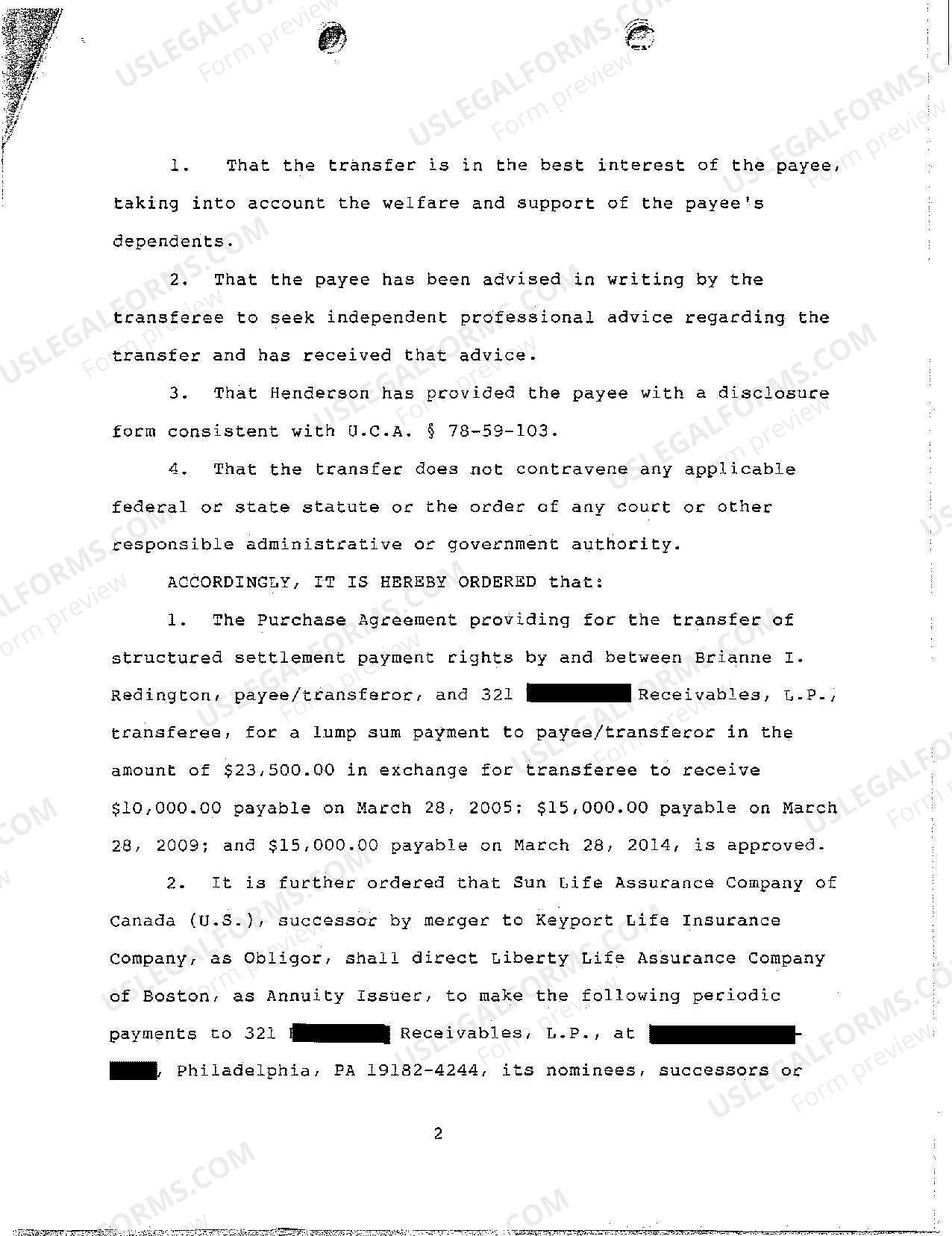 Utah Final Order Approving Transfer of Structured Settlement Payment ...