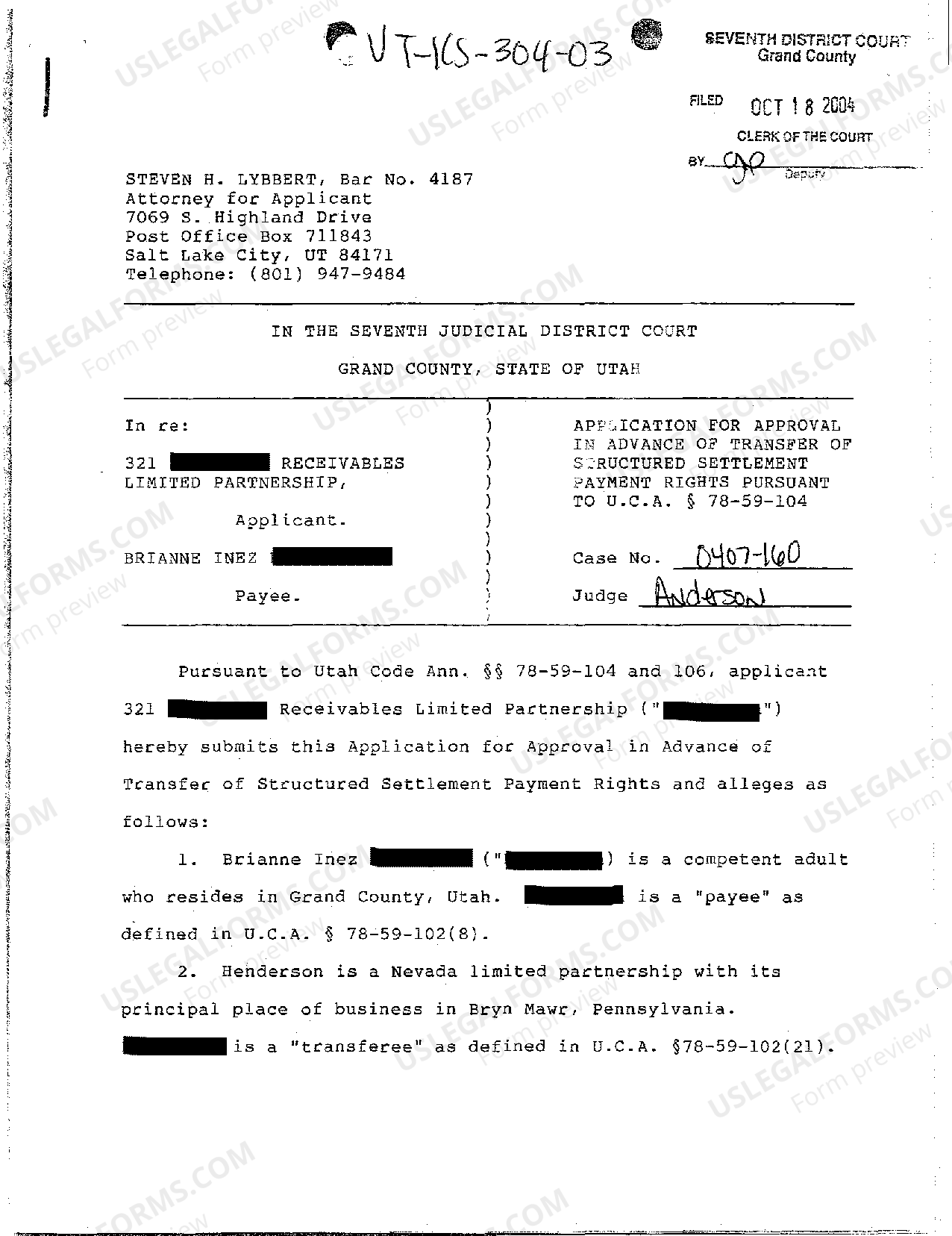 Utah Application For Approval In Advance of Transfer of Structured ...