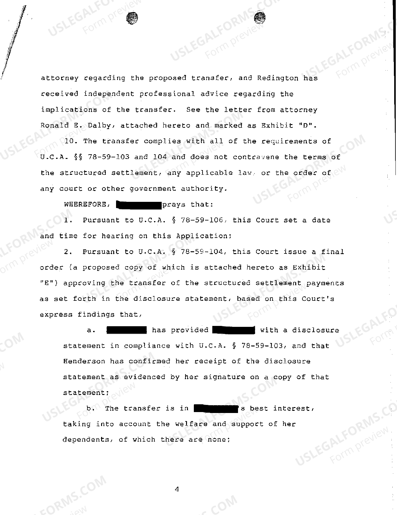 Utah Application For Approval In Advance of Transfer of Structured ...