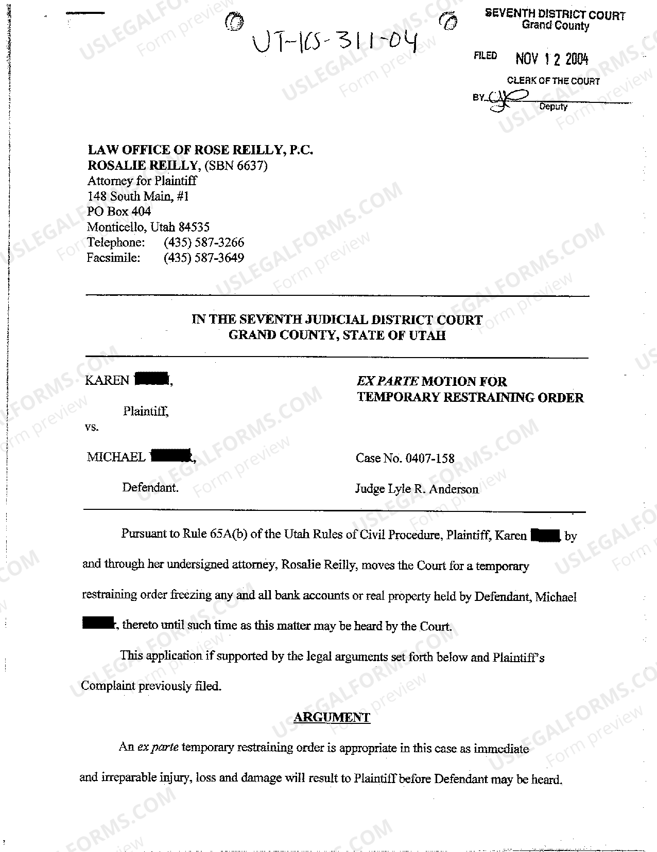 Utah Ex Parte Motion For Temporary Restraining Order | US Legal Forms