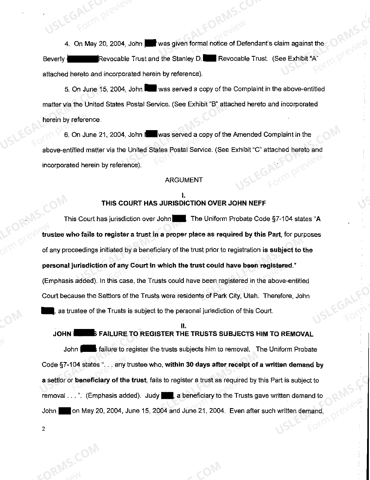 Utah Memorandum in Support of Motion to Remove Trustee of Revocable Trusts | US Legal Forms