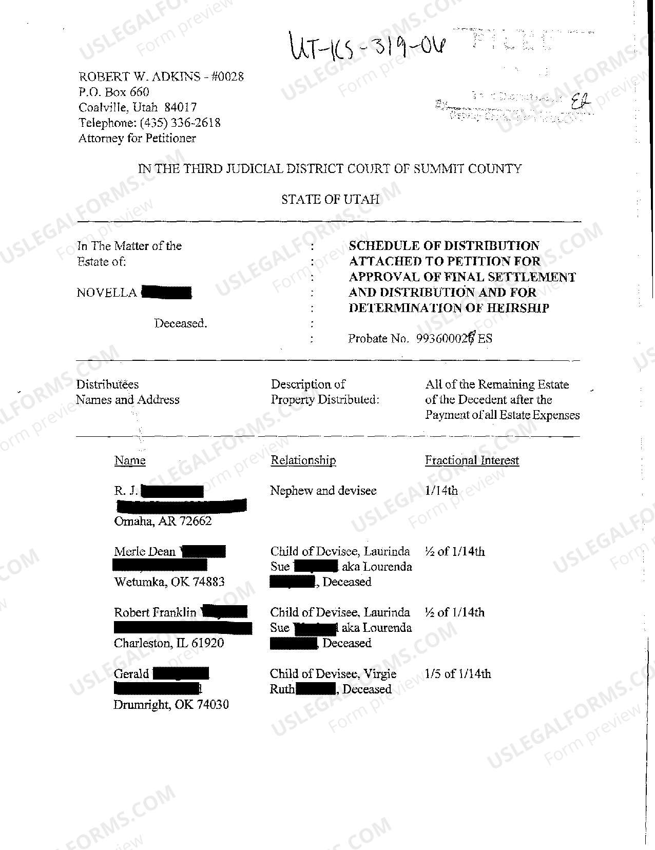 Utah Schedule of Distribution Attached to Petition for Approval of ...