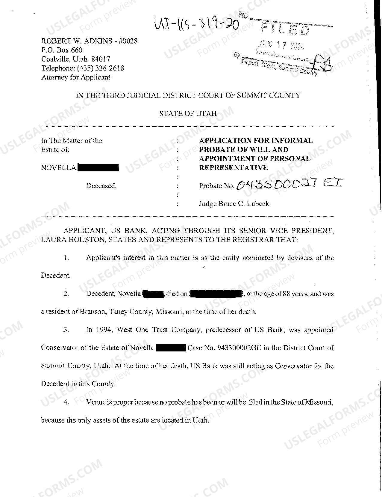 Utah Application for Informal Probate of Will and Appointment of ...