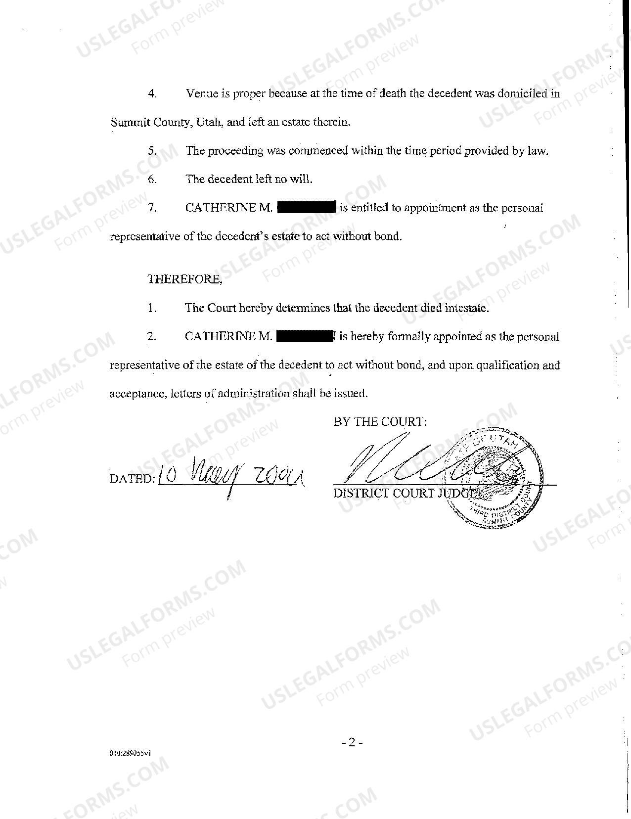 Utah Order of Formal Adjudication of Intestacy and Formal Appointment ...
