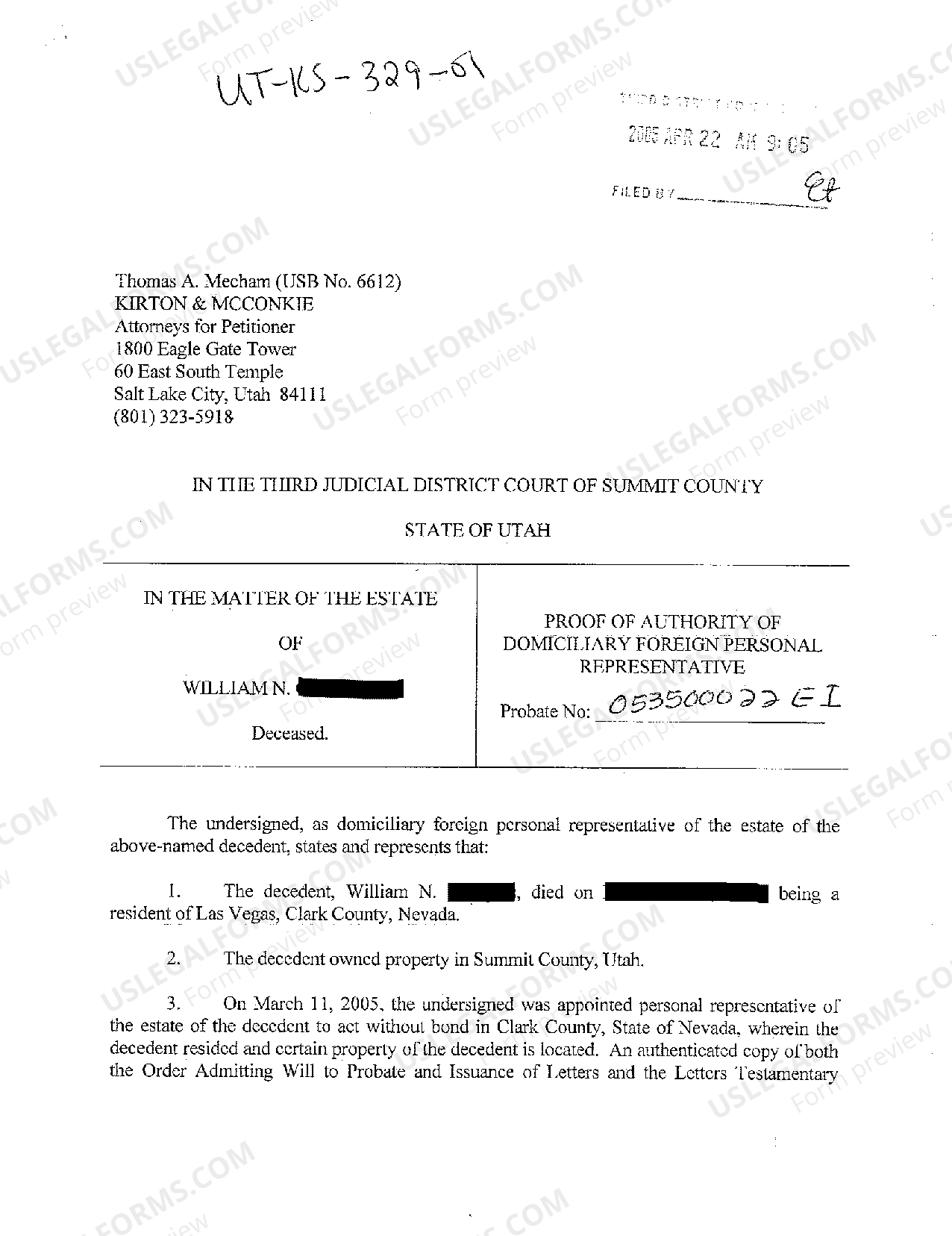 Utah Proof of Authority of Domiciliary Foreign Personal Representative ...