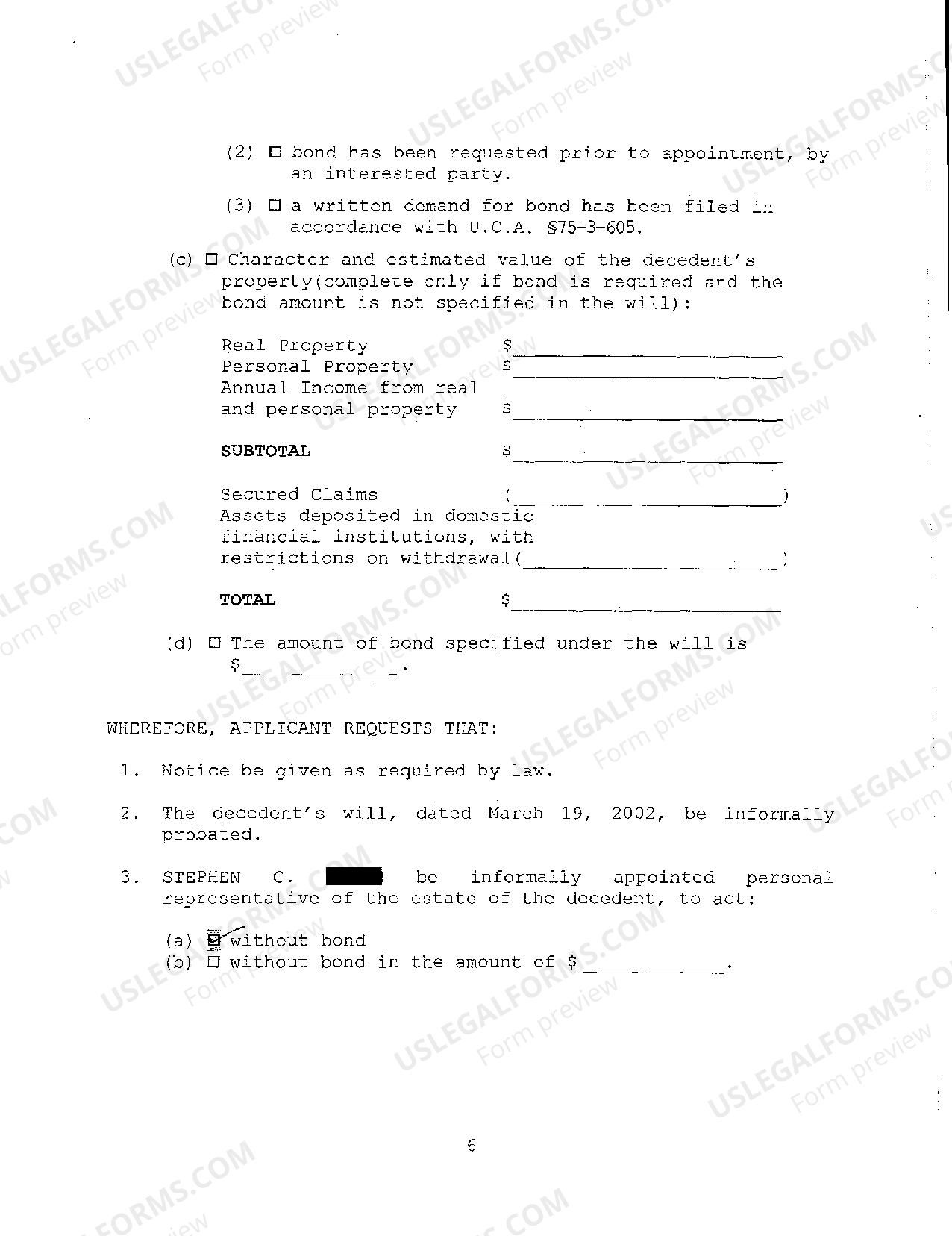 Utah Application for Informal Probate of Will and For Informal ...
