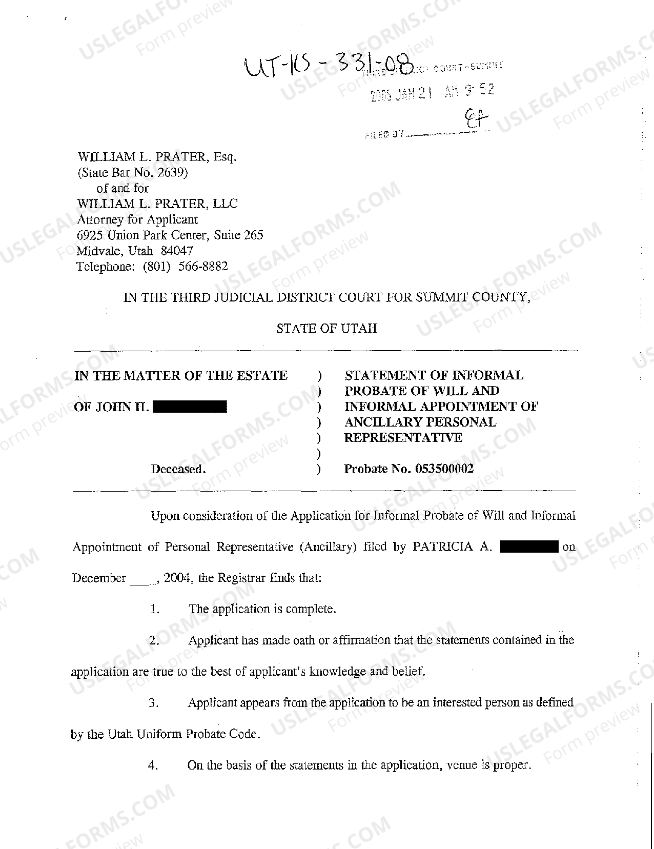 Utah Statement of Informal Probate of Will and Informal Appointment of ...