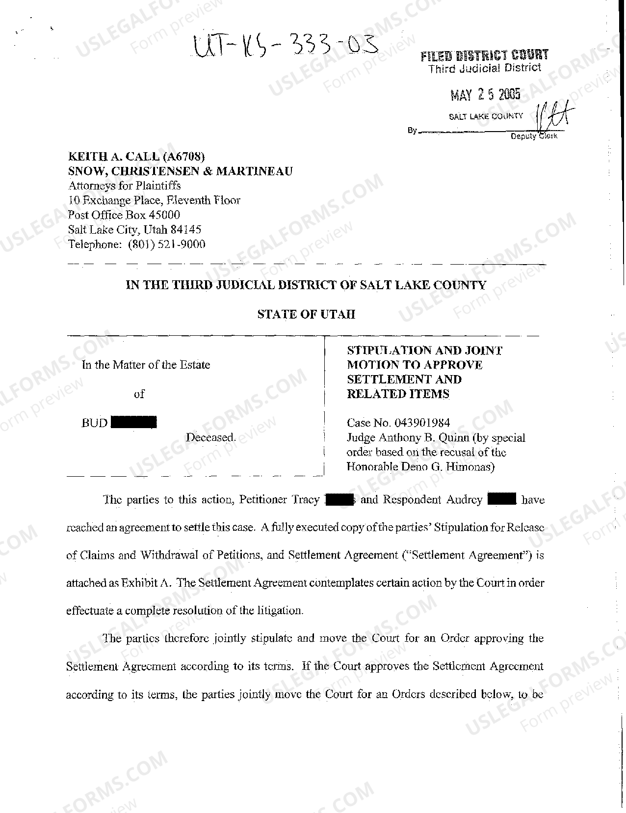 Utah Stipulation and Joint Motion to Approve Settlement and Related ...