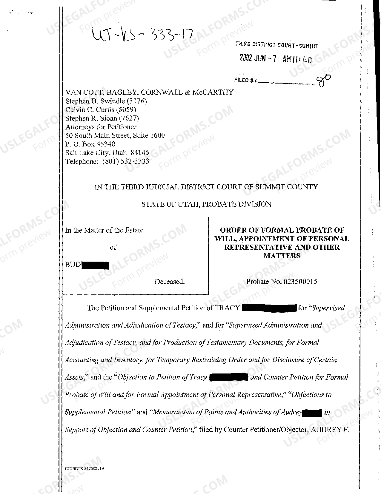 Utah Order of Formal Probate of Will, Appointment of Personal ...