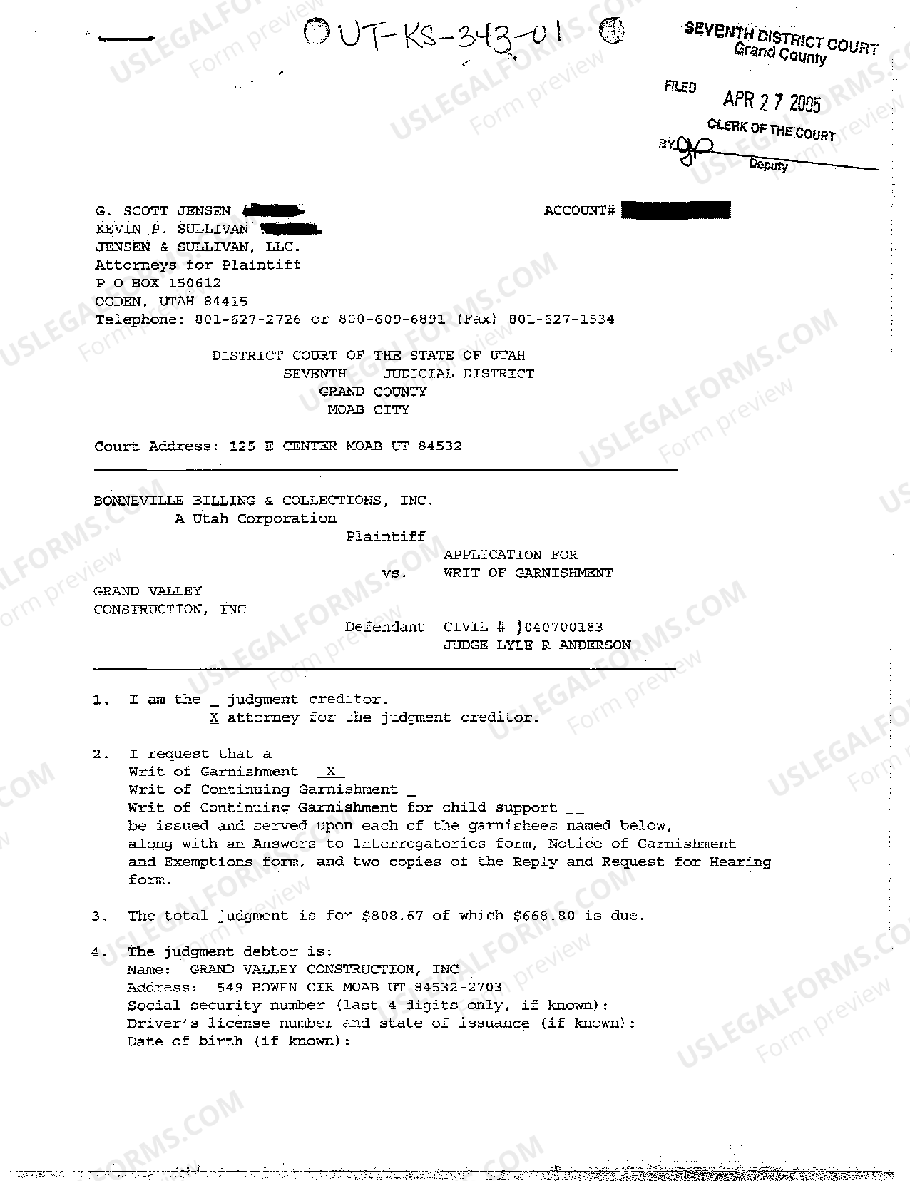 Utah Application for Writ of Garnishment | US Legal Forms