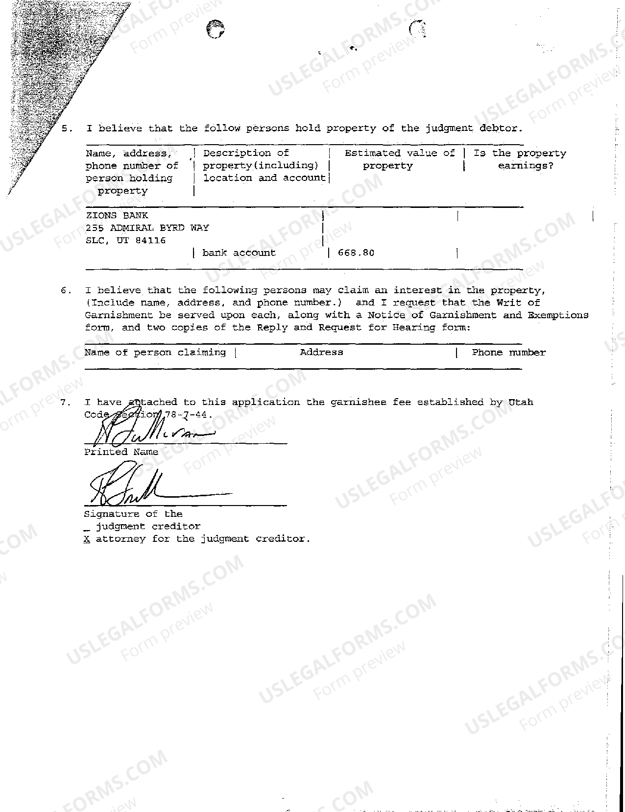Utah Application for Writ of Garnishment | US Legal Forms